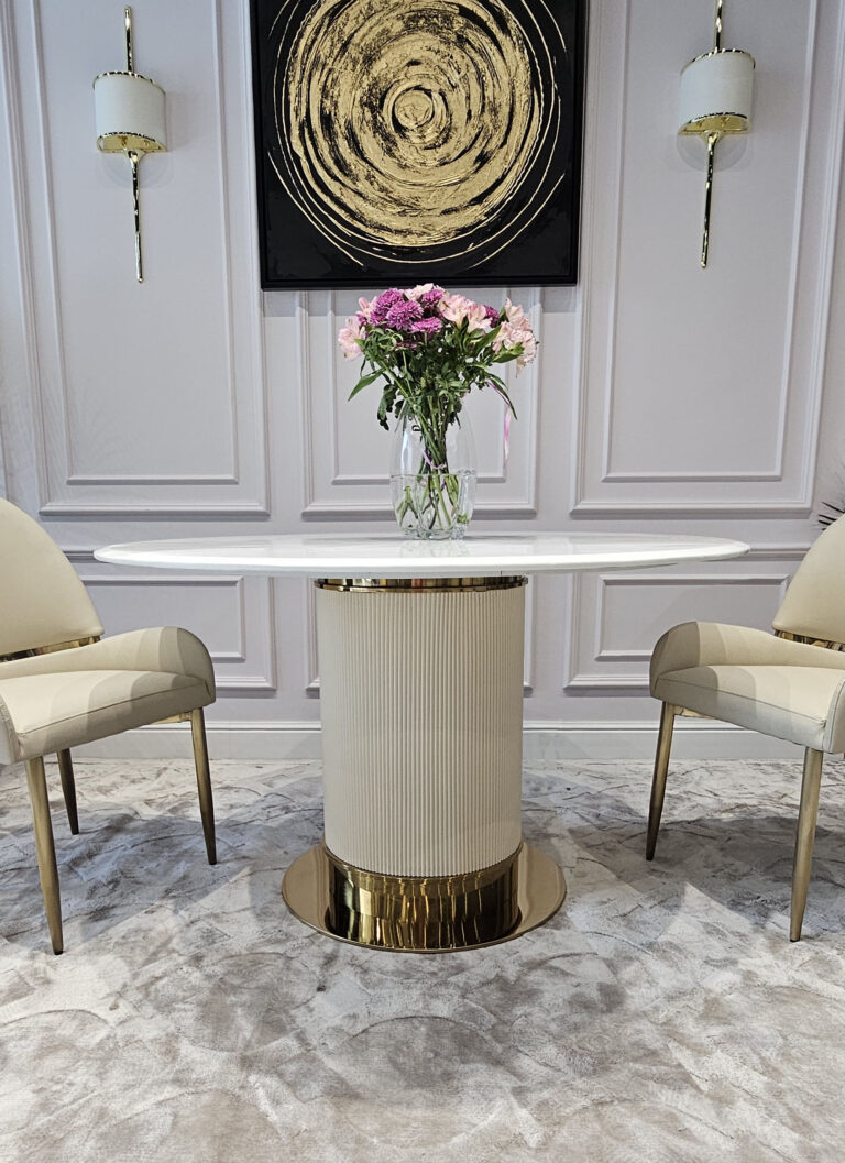 STÓŁ JADALNIANY Anne okrągły, jasno beżowy, ryflowana podstawa z MDF ...