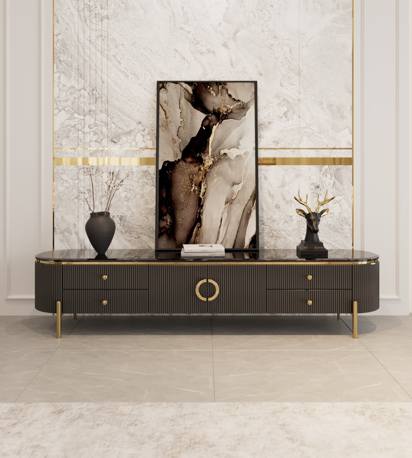 SZAFKA RTV Anne, ryflowana, czarna, blat z konglomeratu marmurowego ...